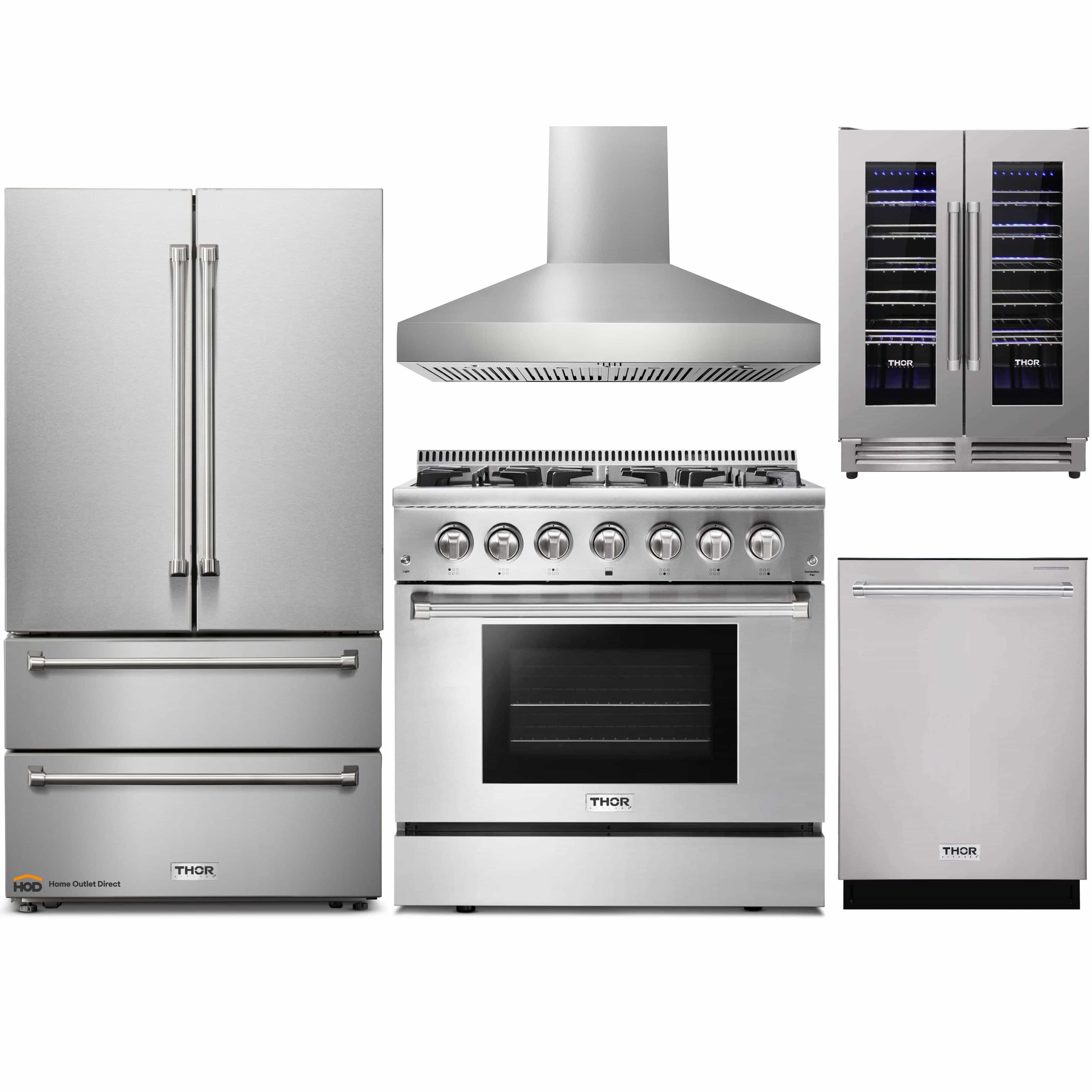 Thor Kitchen 5-Piece Pro Appliance Package - 36" Dual Fuel Range, Fren